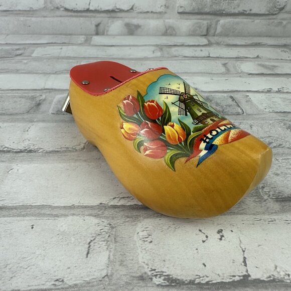 Accents | Holland Windmill Wooden Shoe Clog Piggy Bank Wlock Key Brown ...